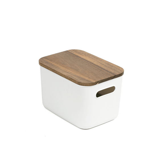 White Storage Tub W/ Acacia Lid - Small – NOVA Home Essentials